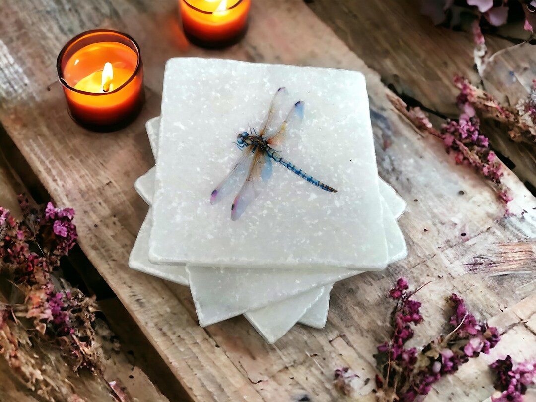Dragonfly Marble Stone Coasters: Rustic Home Decor, Set of 4 - Etsy UK