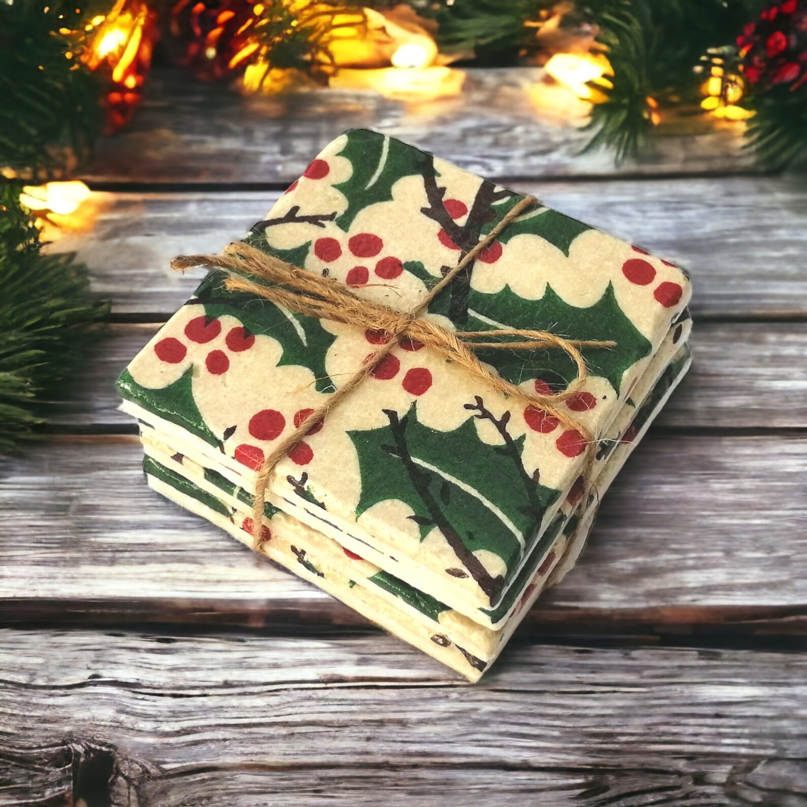 Holly Christmas Coasters Set. Set of 4 Marble Stone Coasters With ...