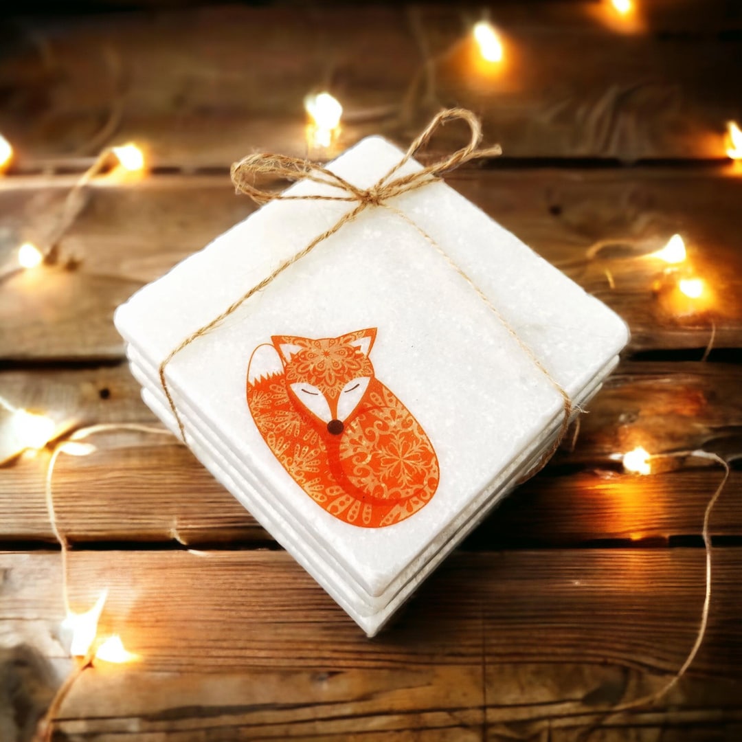 Fox Stone Coasters Set: Handmade Tumbled Marble Coasters Set With Cute ...