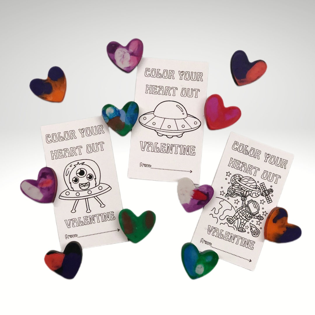 Outer Space Valentine's Day Coloring Cards With Mini Crayon Heart ...