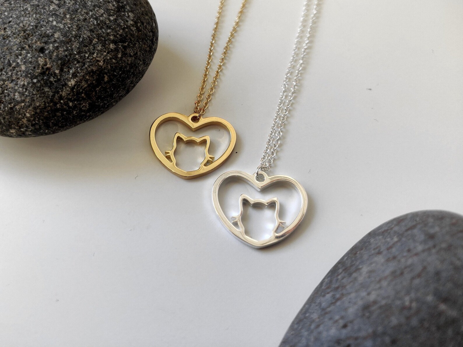 Cat Heart Necklace | Silver or Gold Minimalist Jewellery - Etsy UK