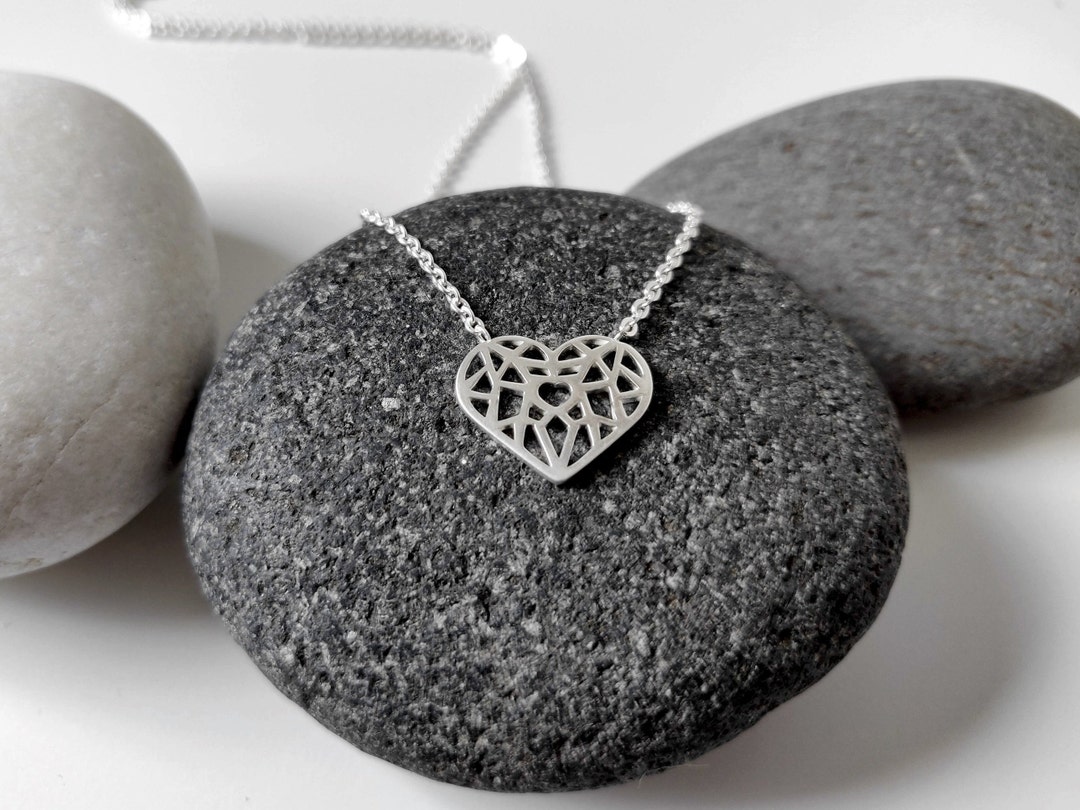 Geometric Heart Necklace, Heart Leaf Necklace, Origami Heart Pendant ...