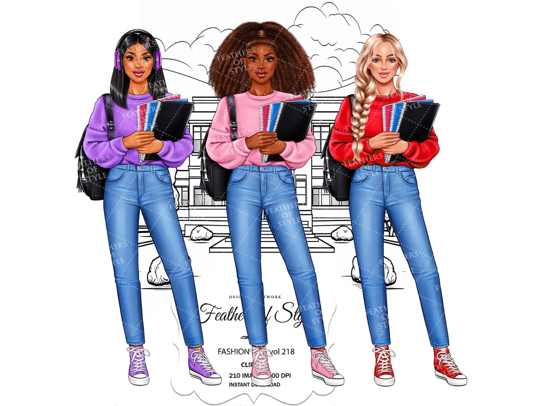 School Girl Clipart, Student Girl Clipart, Teenage Girl Clipart, Denim ...