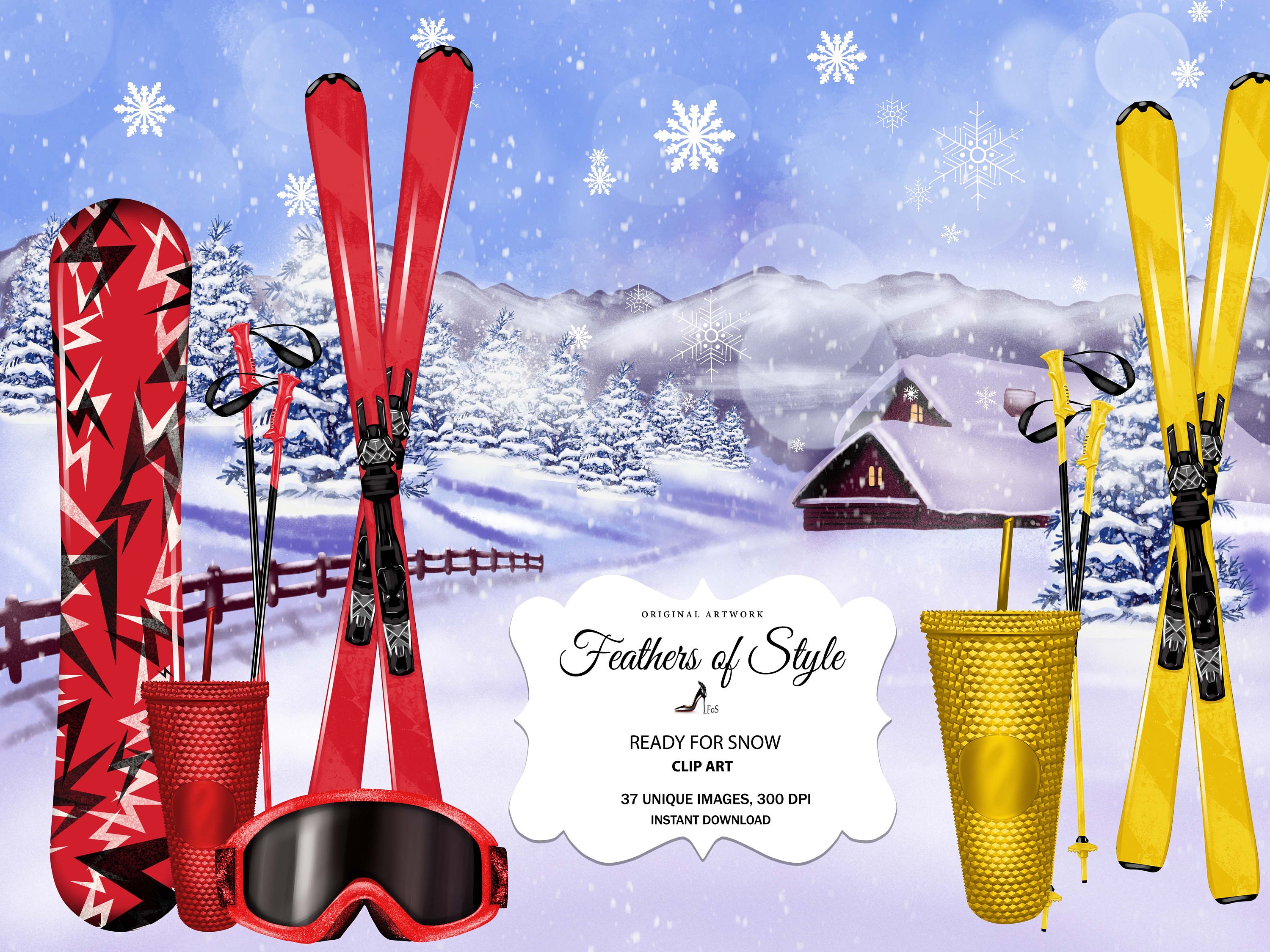 Ski Clipart Snow Clipart Winter Illustrations Snowboard | Etsy