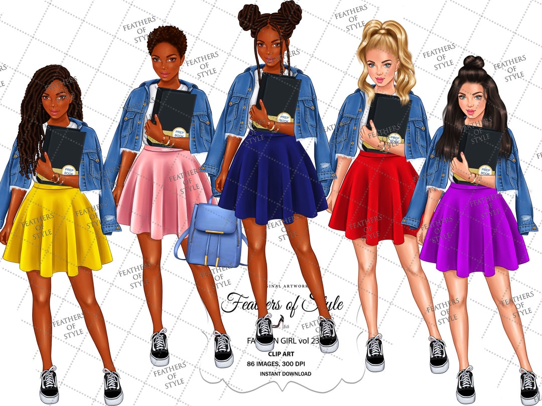 School Girl Clipart, Student Girl Clipart, Fashion Girl Clipart, Denim ...