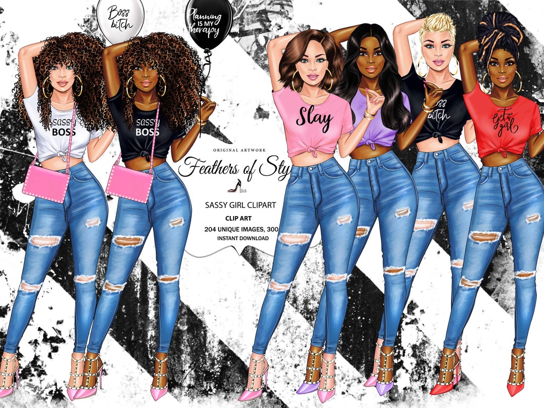 Fashion Girl Clipart, Curvy Girl Clipart, Denim Girl Clipart, African ...