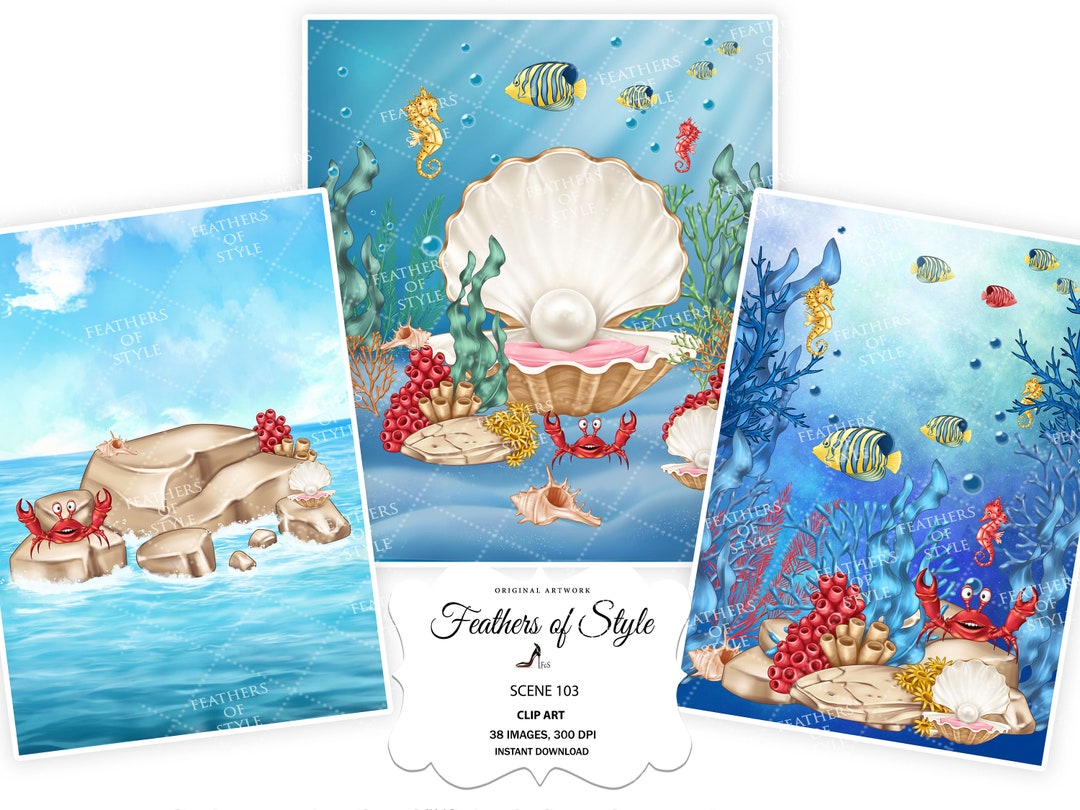 Underwater Scene, Ocean Life Scene, Coral and Seaweed Clipart, Under ...