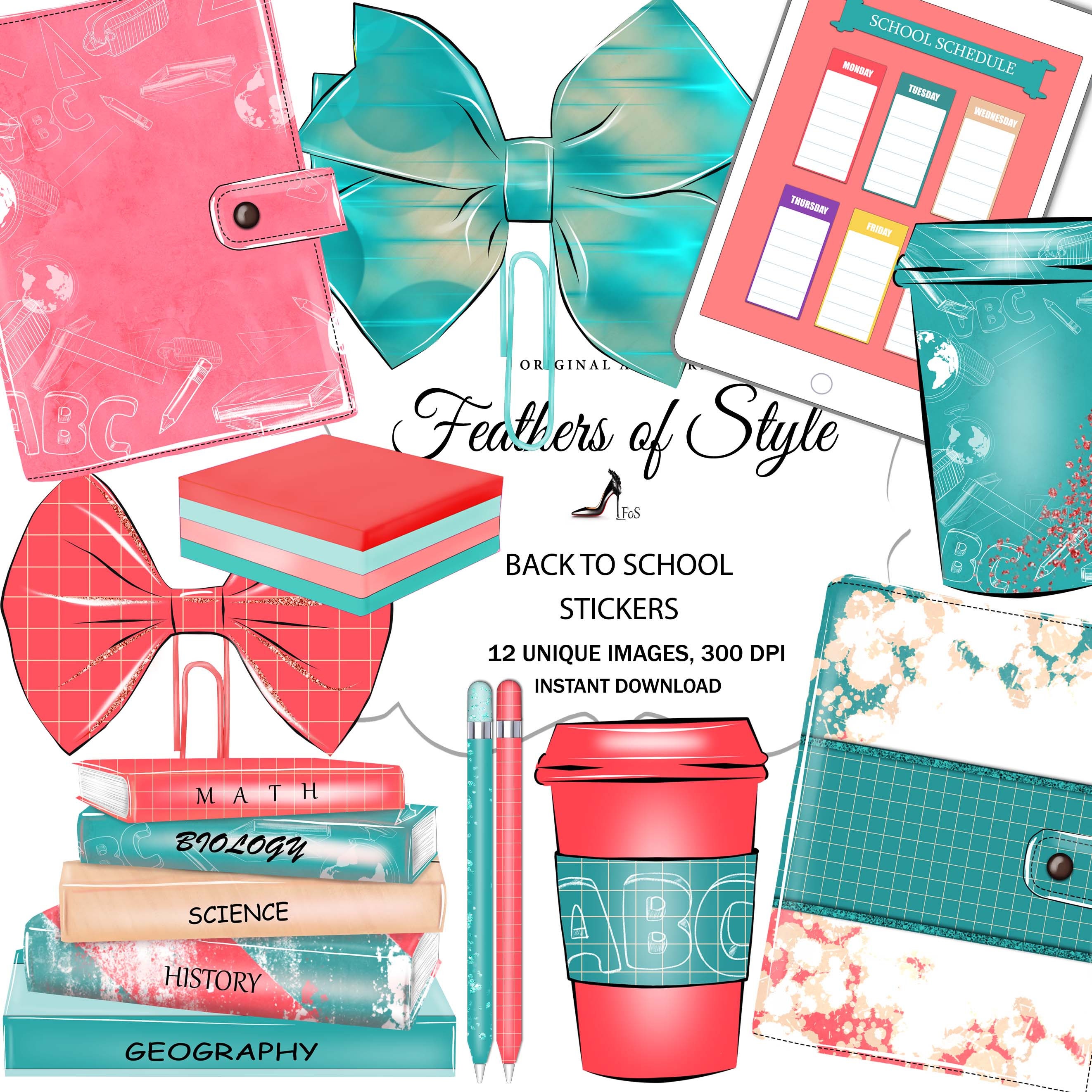 Back to School Planner Cliparts, Planner Stickers, Pastel Cliparts, Bow ...