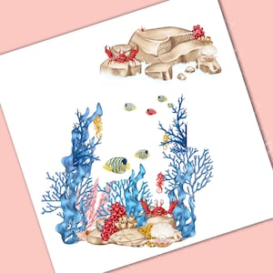 Underwater Scene, Ocean Life Scene, Coral and Seaweed Clipart, Under ...
