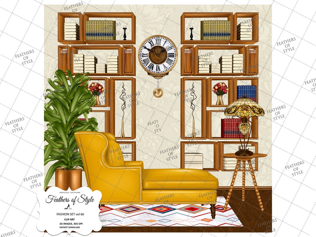 Home Library Clipart, Study Scene, Bookcase Clipart, Home Decor Clipart ...