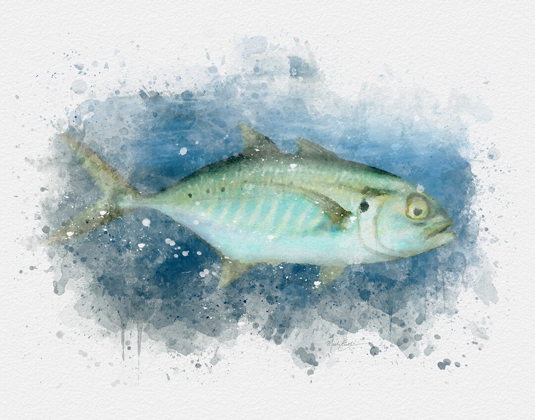 Blue Runner Watercolor Style Art Print Saltwater Fishing Gift, Fish ...
