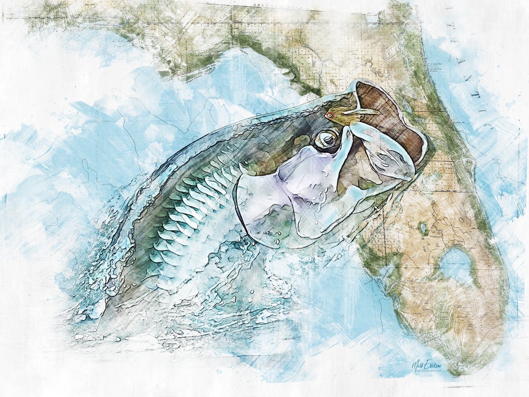 Tarpon Wall Décor Fishing Gift, Tarpon on a Vintage Florida Map Unique ...