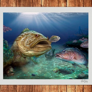 Grouper Art Print Fishing Gift for Dad, Fishing Decor for the Deep Sea ...