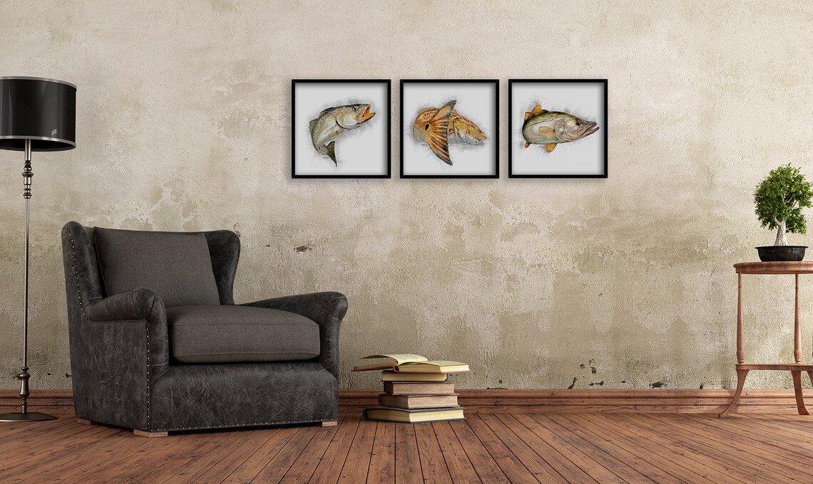 Inshore Slam Art Prints Gifts for Dad. Trout, Redfish and Snook Wall ...