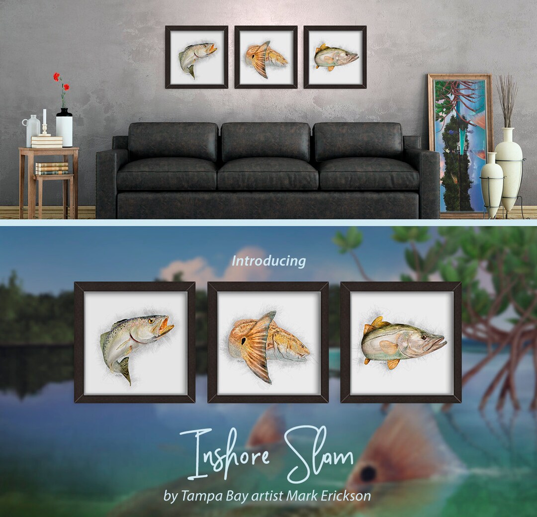 Inshore Slam Art Prints Gifts for Dad. Trout, Redfish and Snook Wall ...