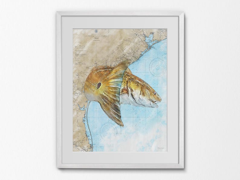 Texas Map Redfish Art Hand-signed Fish Print, Decor for Home & Beach ...