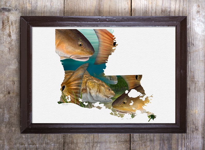 Louisiana Map Redfish Art Print Redfish Fisherman's Gift - Etsy