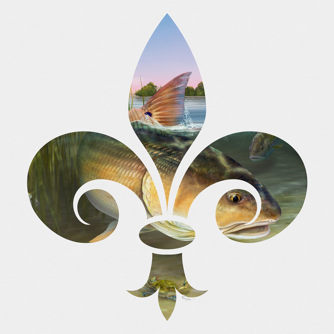Redfish Fleur-de-lis Louisiana Art Print, Gift for a Redfish Fisherman ...