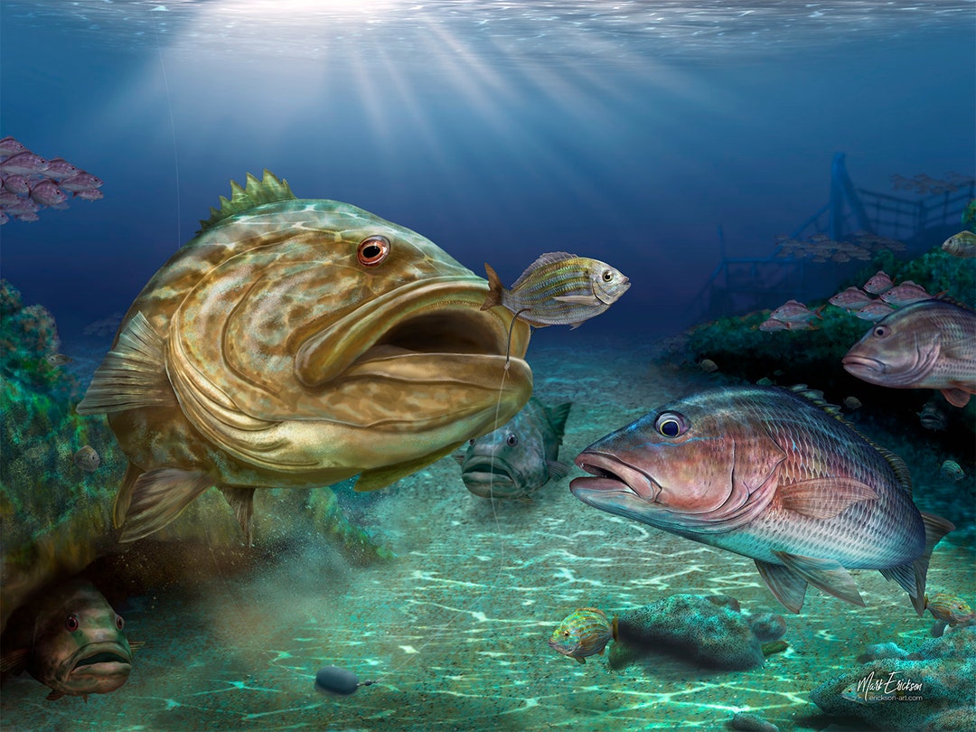 Grouper Art Print Fishing Gift for Dad, Fishing Decor for the Deep Sea ...
