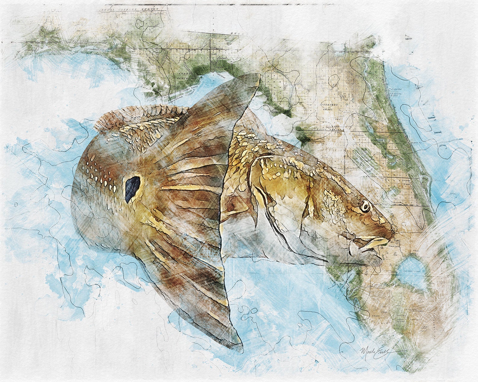 Redfish Art Print Redfish on a Florida Map Fish Art a Great - Etsy