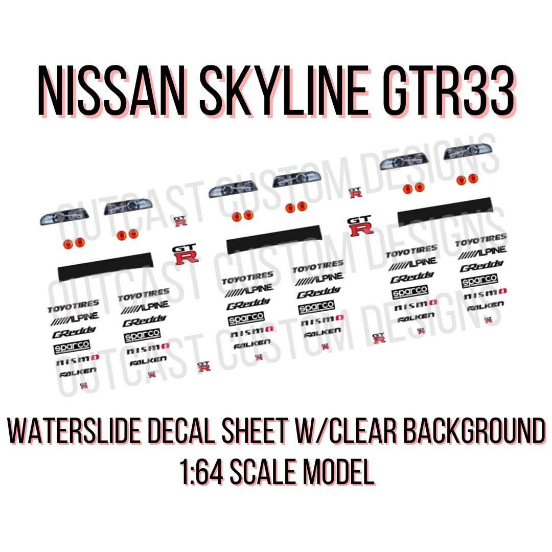 Nissan Skyline GTR33 Waterslide Decals on Clear Background for 1:64 ...
