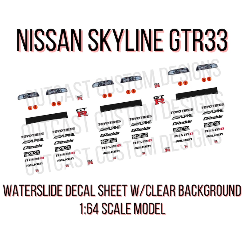 Nissan Skyline GTR33 Waterslide Decals on Clear Background for 1:64 ...
