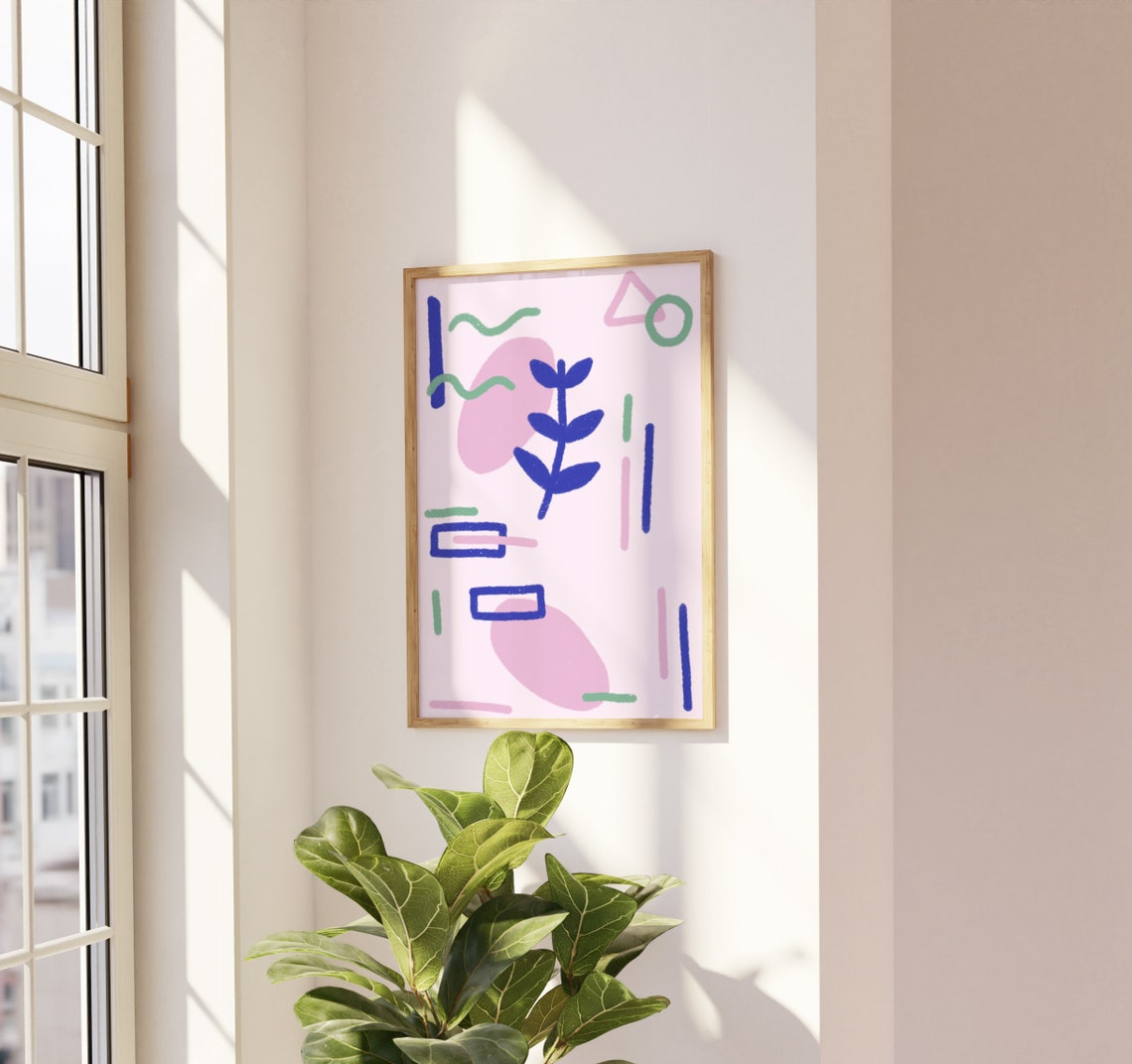 Abstract Garden Pattern Art Print - Cute Pink and Blue Illustration A5 ...