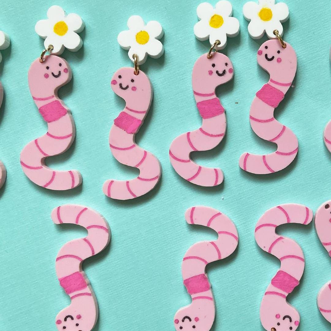 2nd Wiggly Pink Earthworm Laser Cut Acrylic Statement Earrings | Daisy ...