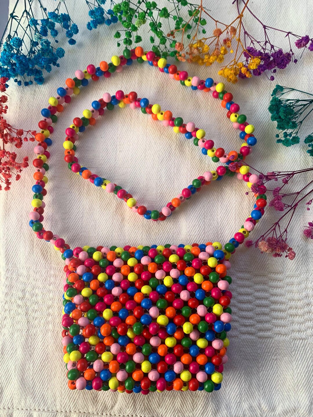 Rainbow Bead Bag for Kids, Colorful Bead Bags, Wood Bead Bags, Gift for ...