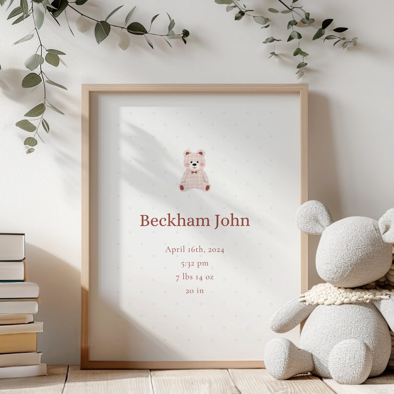 Brown Bear Birth Stats Sign - Baby Nursery Wall Decor - Baby Boy - Etsy
