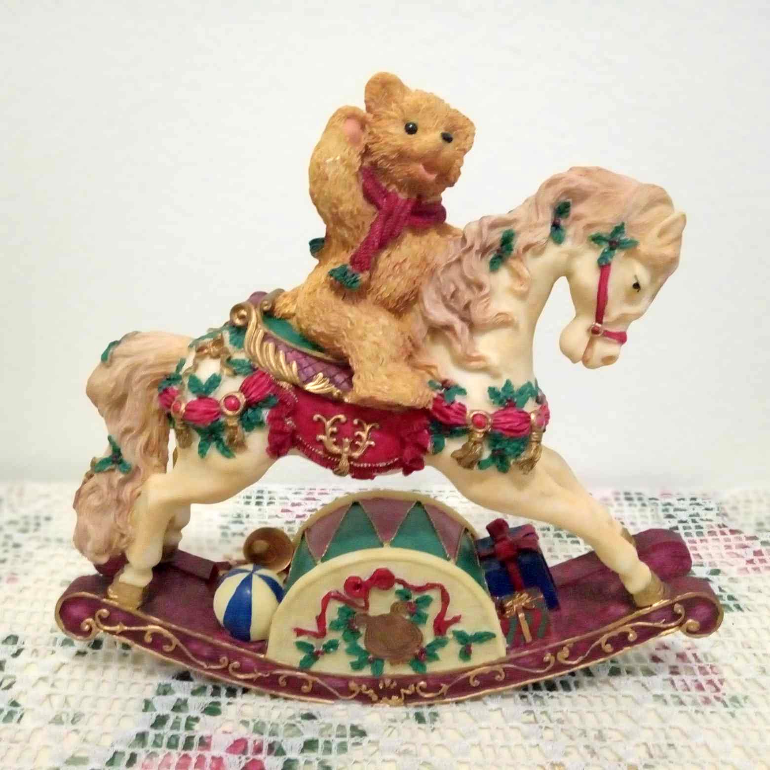 Vintage Large Colorful Rocking Horse, Ornate Christmas Resin Musical ...