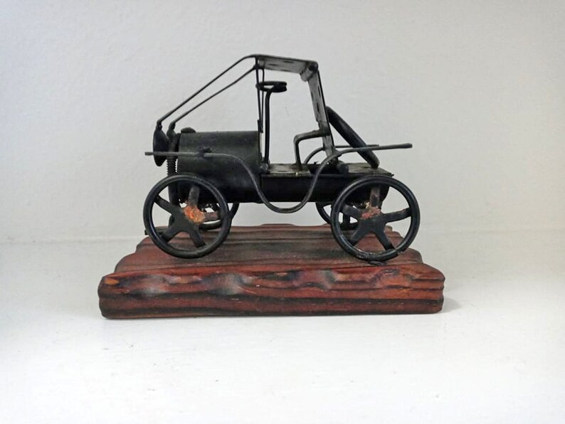 Metal Model of Early Automobile, Vintage Metal Car on a Walnut Base ...
