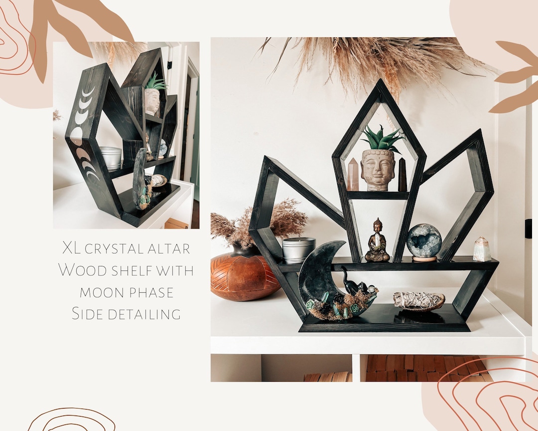 XL Crystal Altar Wood Shelf With Moon Phase Side Detailing - Etsy