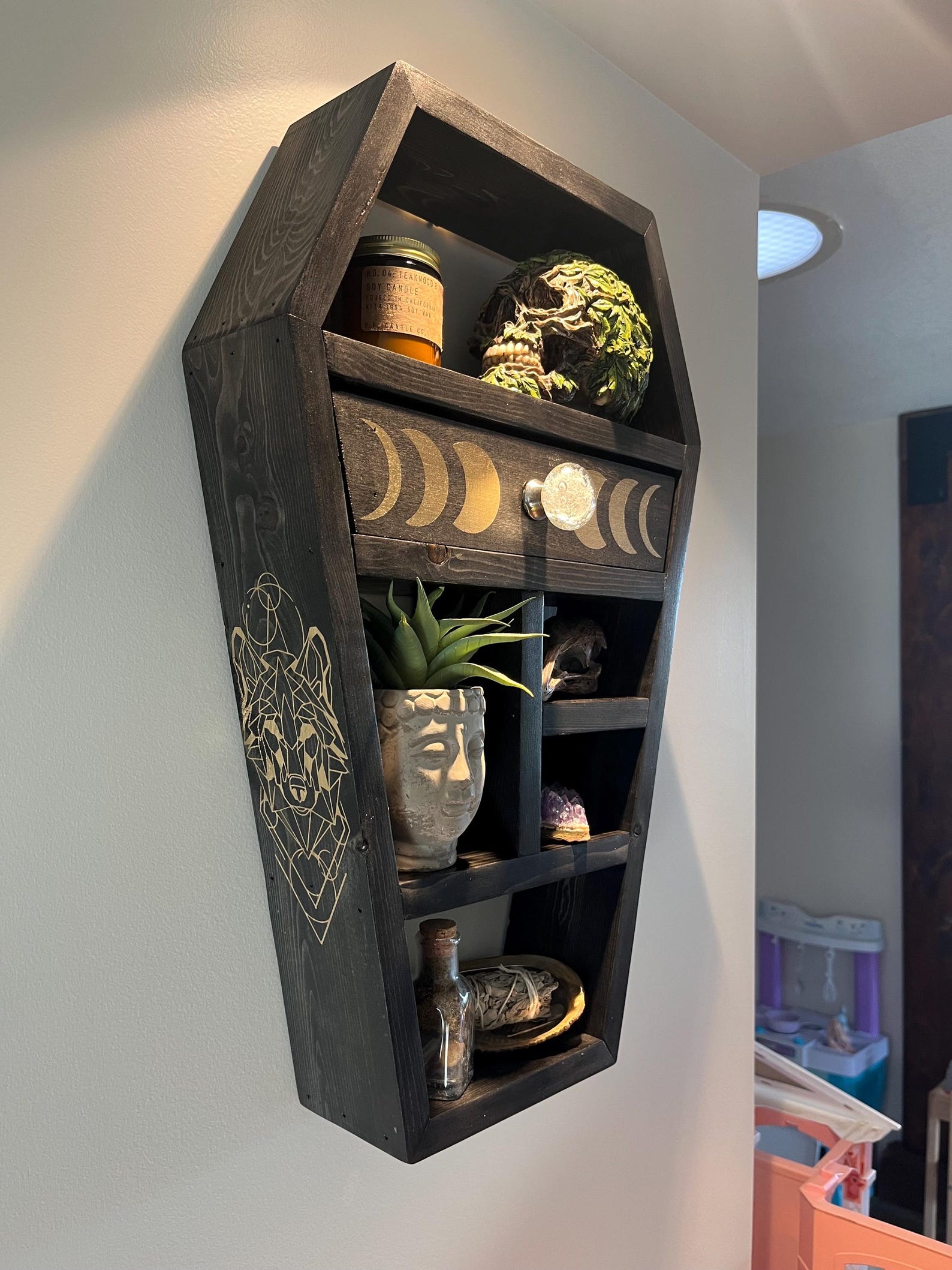 Coffin Altar Shelf With Moon Phase Drawer and Wolf Side Design - Etsy