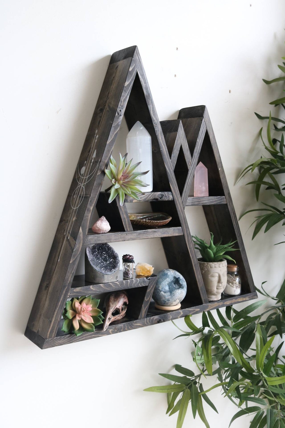 Tall Three Peak Mountain Altar Shelf With Sun and Moon Geometric Side ...