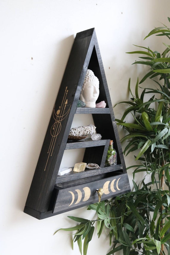 Triangle Crystal Altar shelf with moon phases and pull out | Etsy
