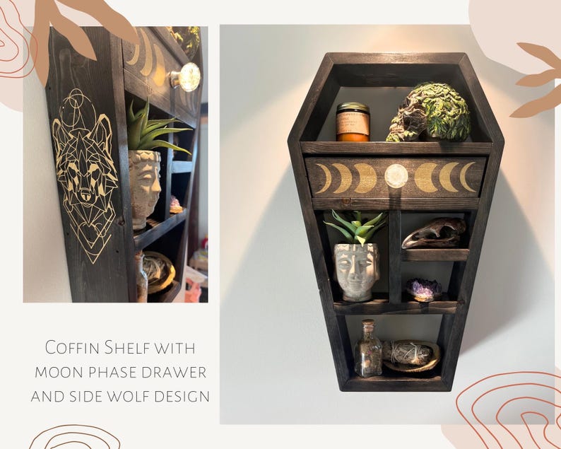 Coffin Altar Shelf With Moon Phase Drawer and Wolf Side Design - Etsy