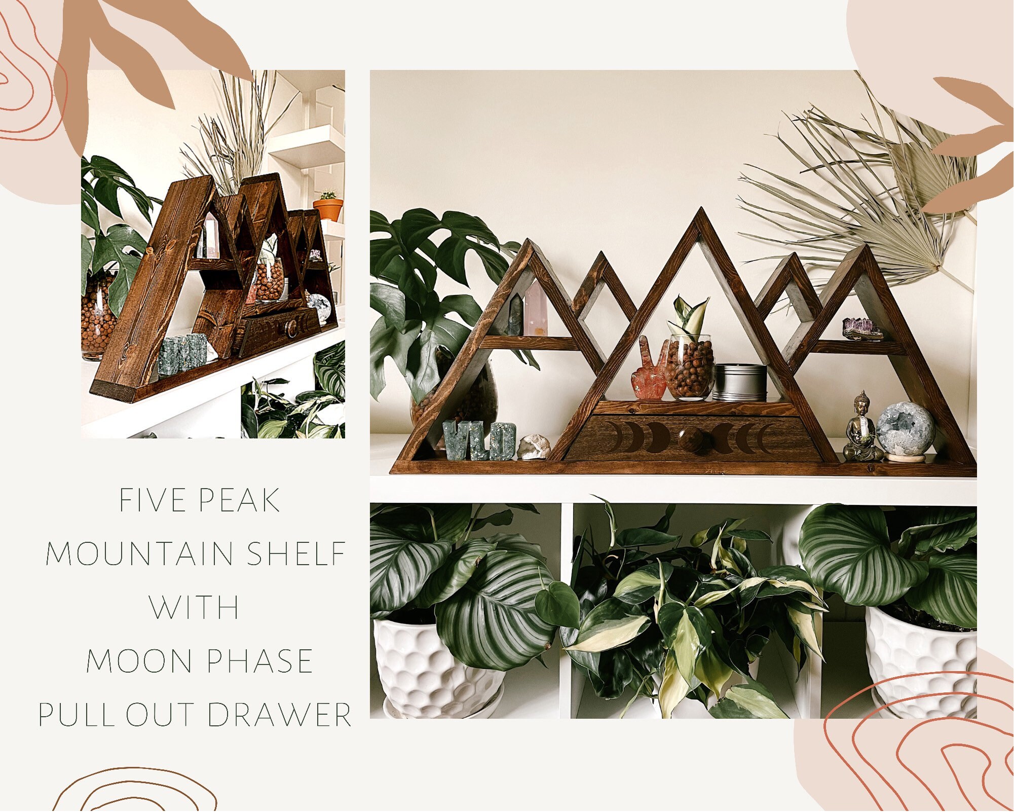 Wood Mountain Shelf with Moon Phases and drawer | Etsy