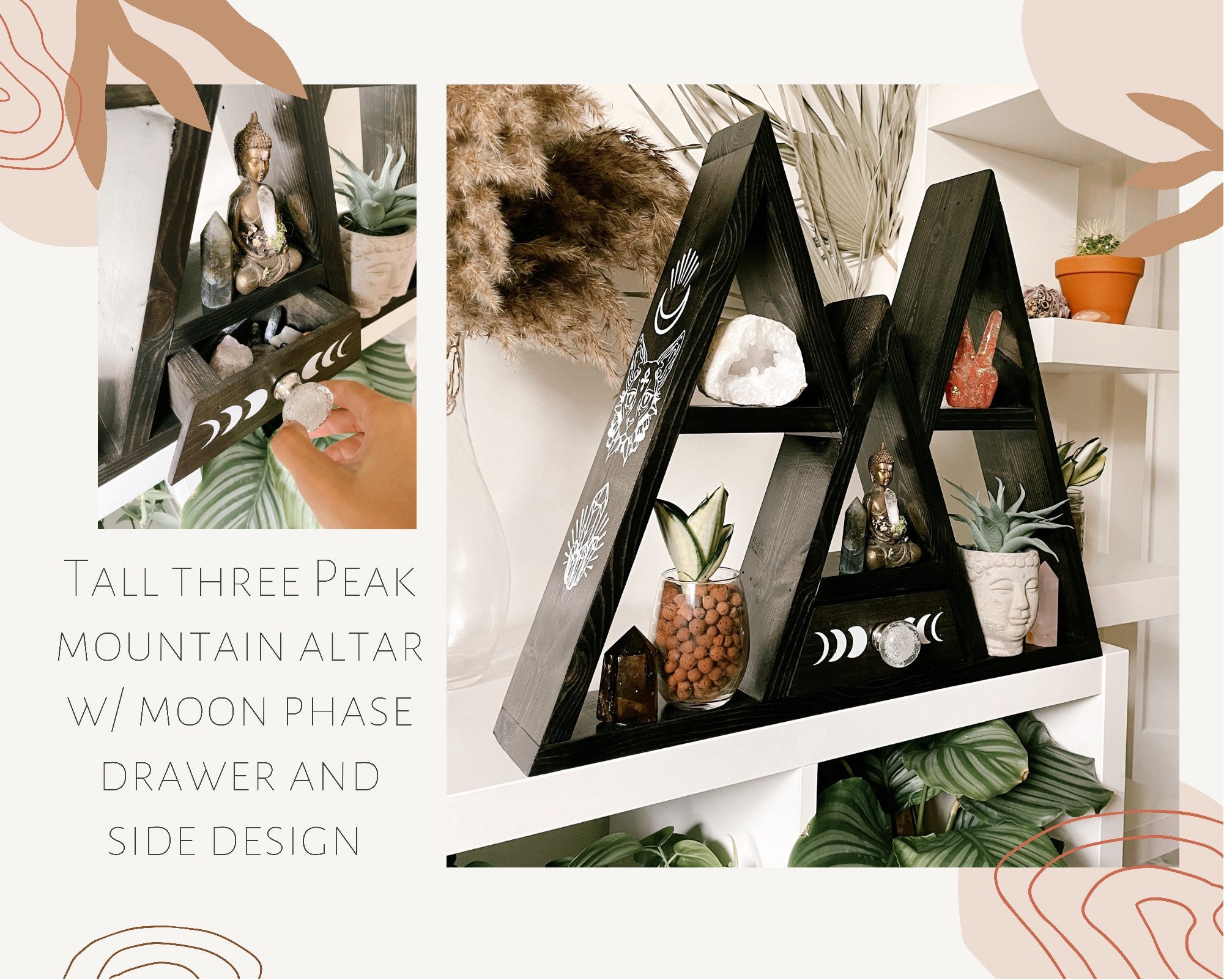 Mountain Altar Crystal Shelf With Moon Phases and Pull Out Drawer - Etsy