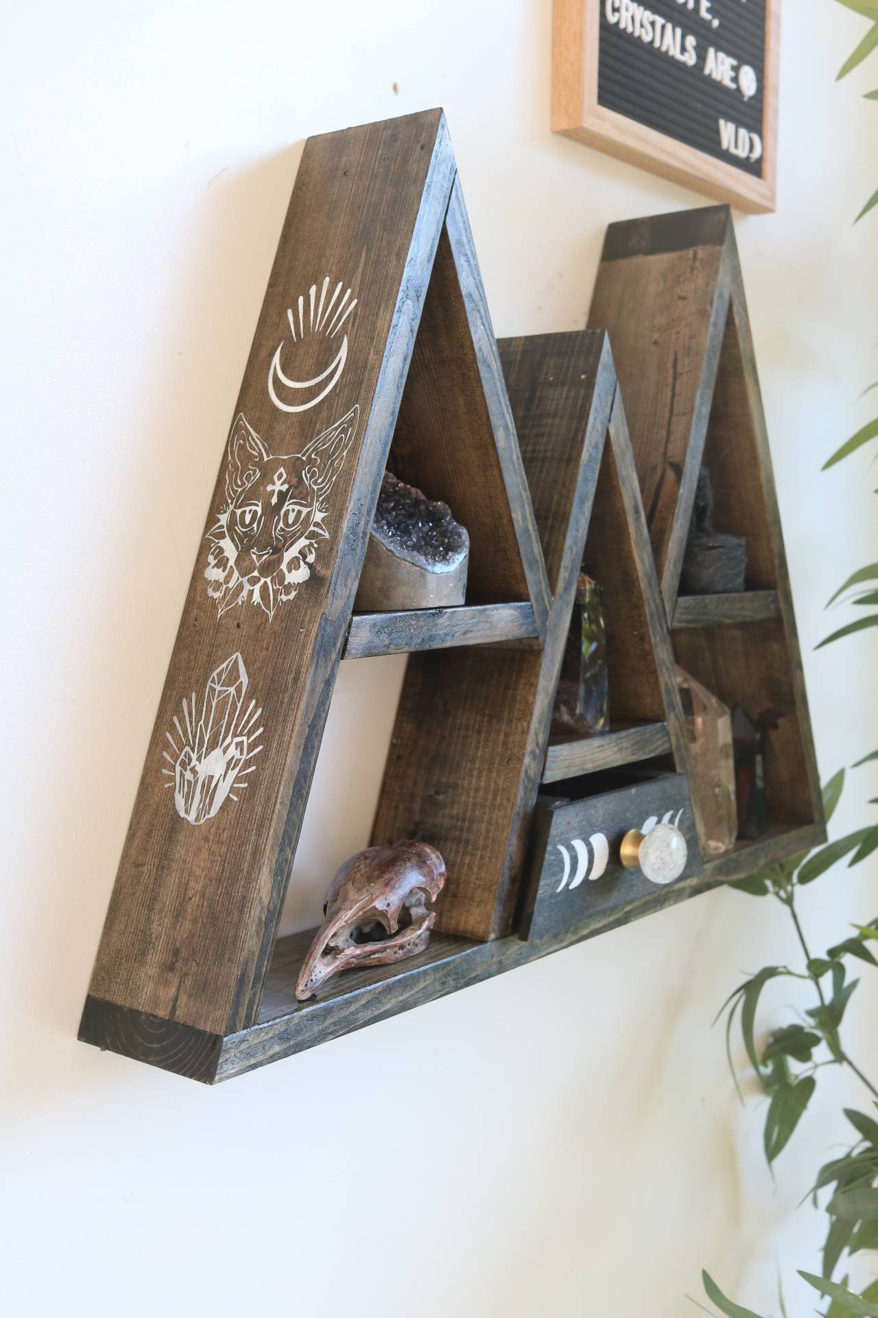 Mountain Altar Crystal Shelf With Moon Phases and Pull Out Drawer - Etsy