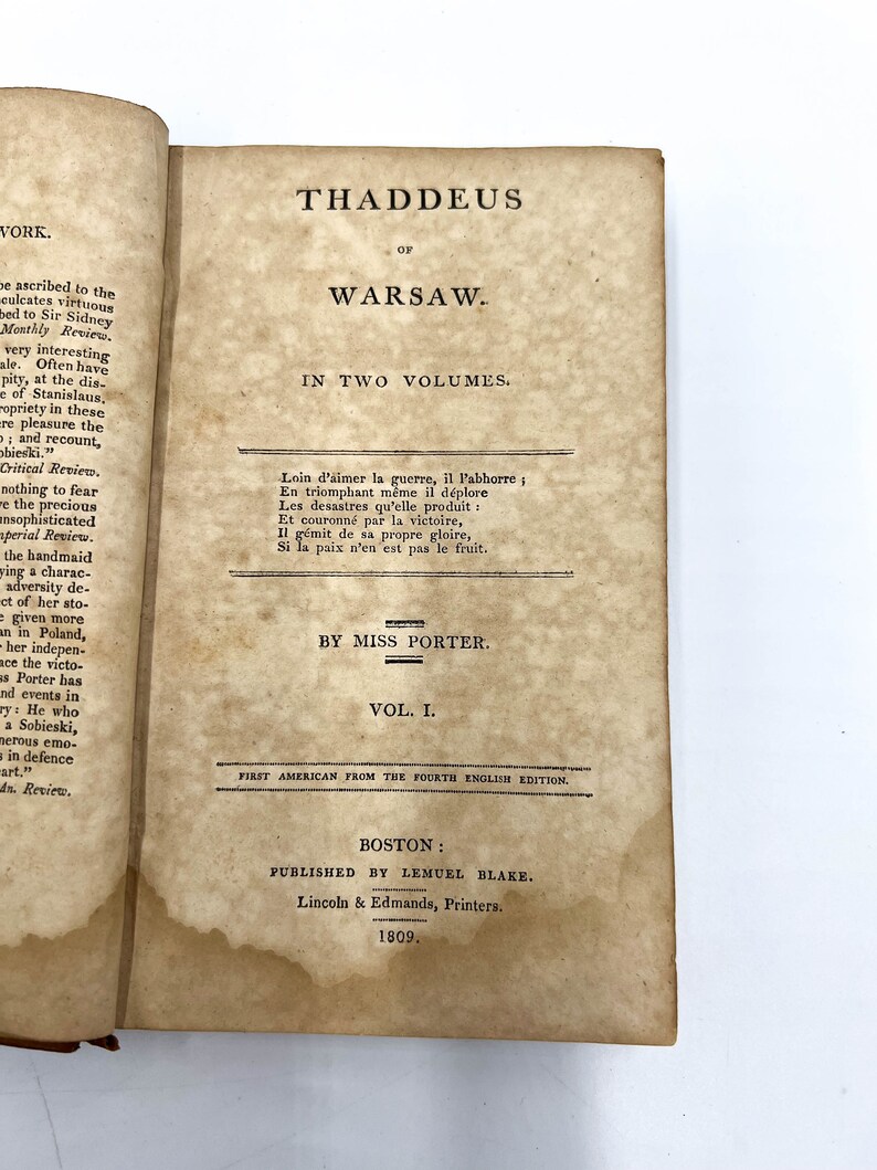Thaddeus of Warsaw, 1 of 2 Volumes PORTER, Jane Publication Date: 1809 ...