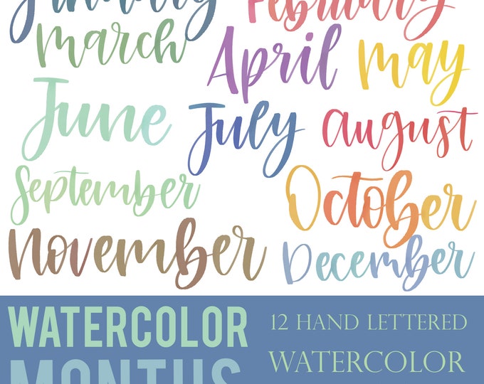 Months of the Year Watercolor Hand Painted Lettering Png Clipart for ...