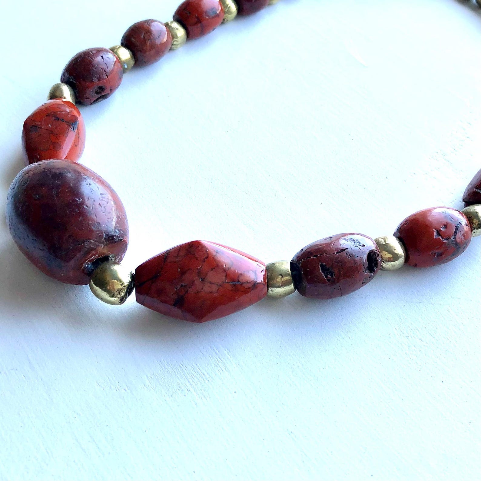 1 Of-a-kind Ancient Jasper & Old Brass Oval Bead Necklace Large Center ...