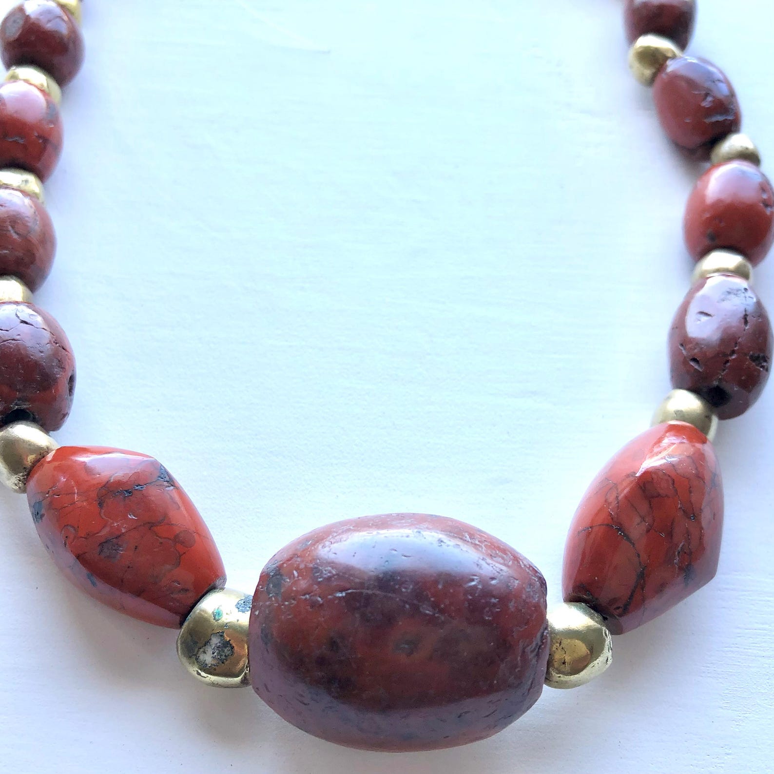 1 Of-a-kind Ancient Jasper & Old Brass Oval Bead Necklace Large Center ...