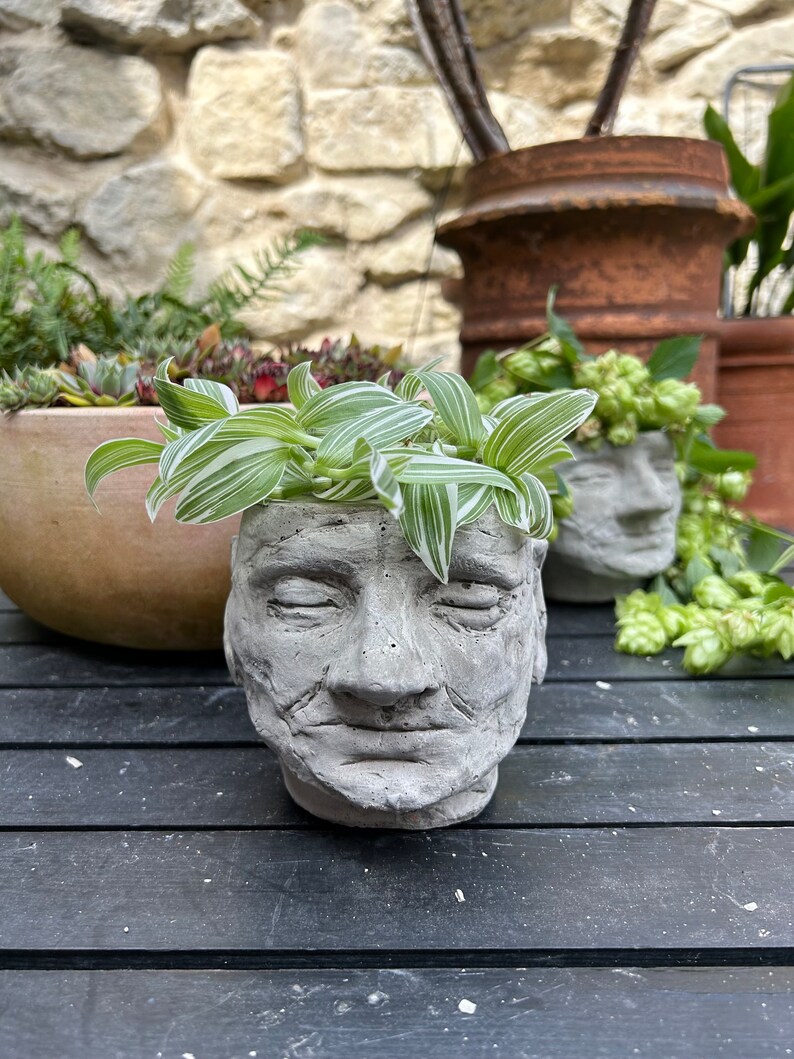 Concrete Plant Pot Head Face Planters. Cement Garden Decor Indoor and ...