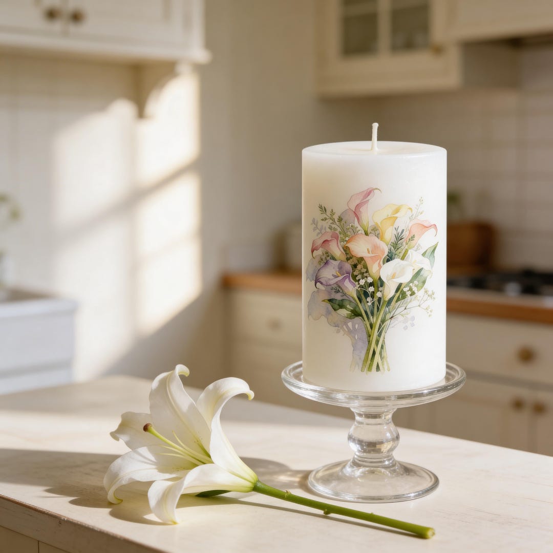 Easter Lily Pillar Candle: Spring Floral Centerpiece Cottagecore Table ...