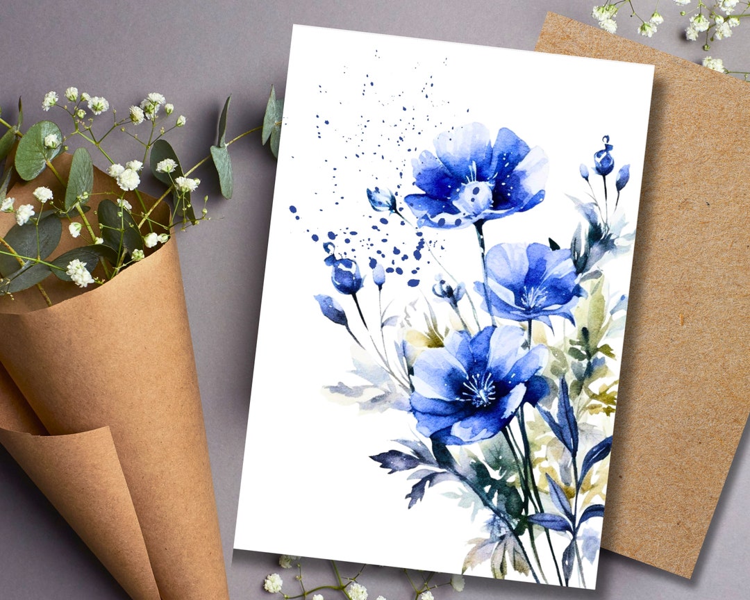 Blue Floral Greeting Card, Watercolor Floral Stationery, Pretty ...