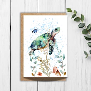 Sea Turtle Greeting Card: Coastal Ocean Turtle With Tropical Fish and ...