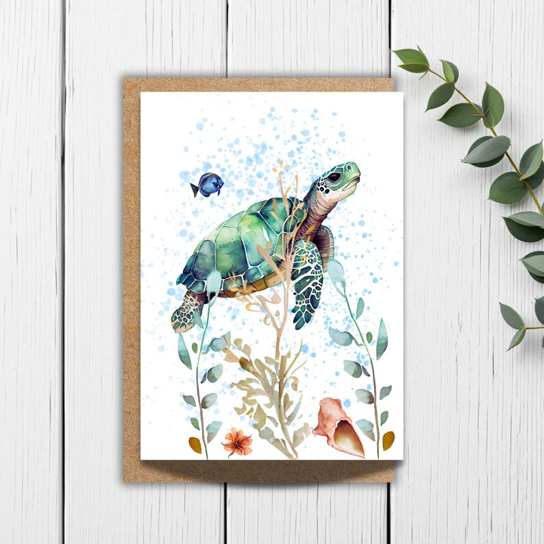 Sea Turtle Greeting Card: Coastal Ocean Turtle With Tropical Fish and ...