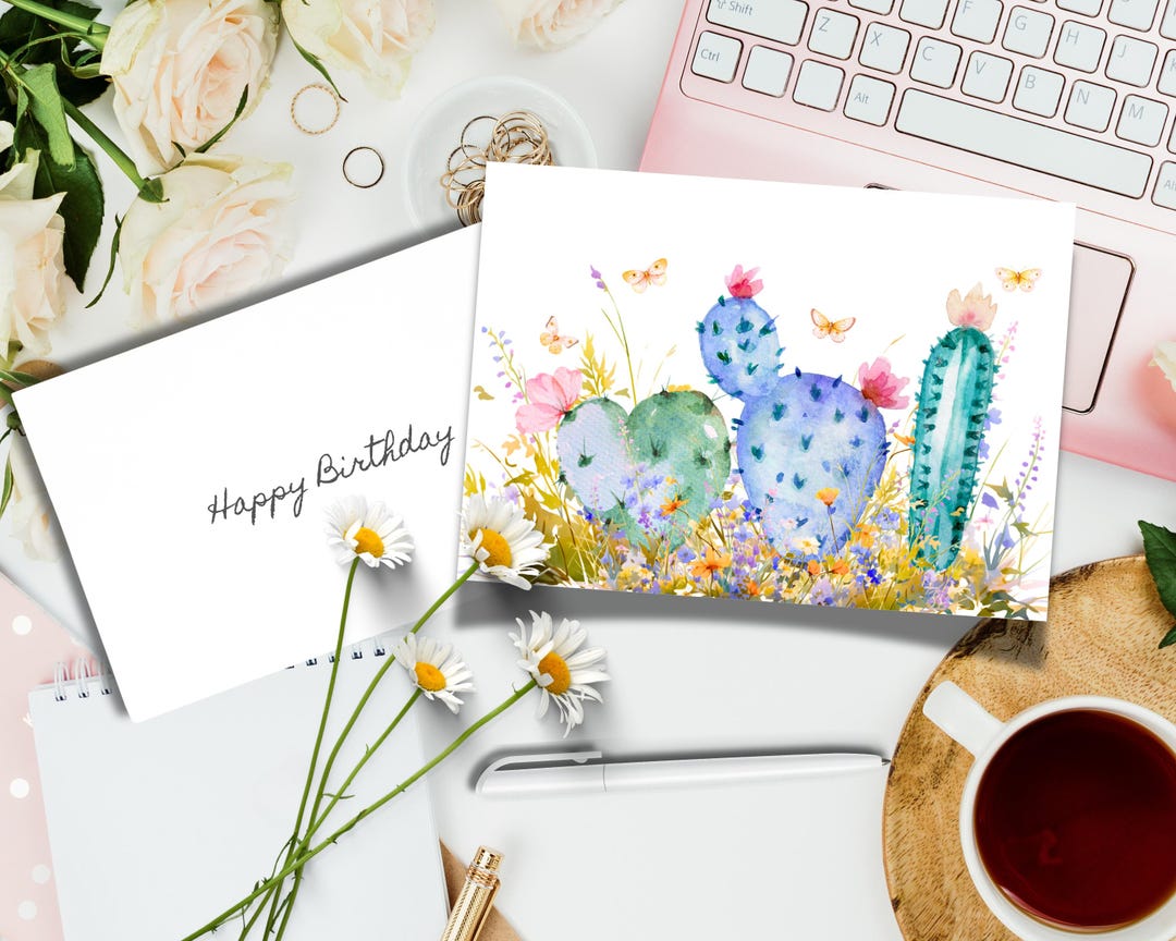 Succulent Garden Watercolor Greeting Card, Barrel Cactus Writing Cards ...